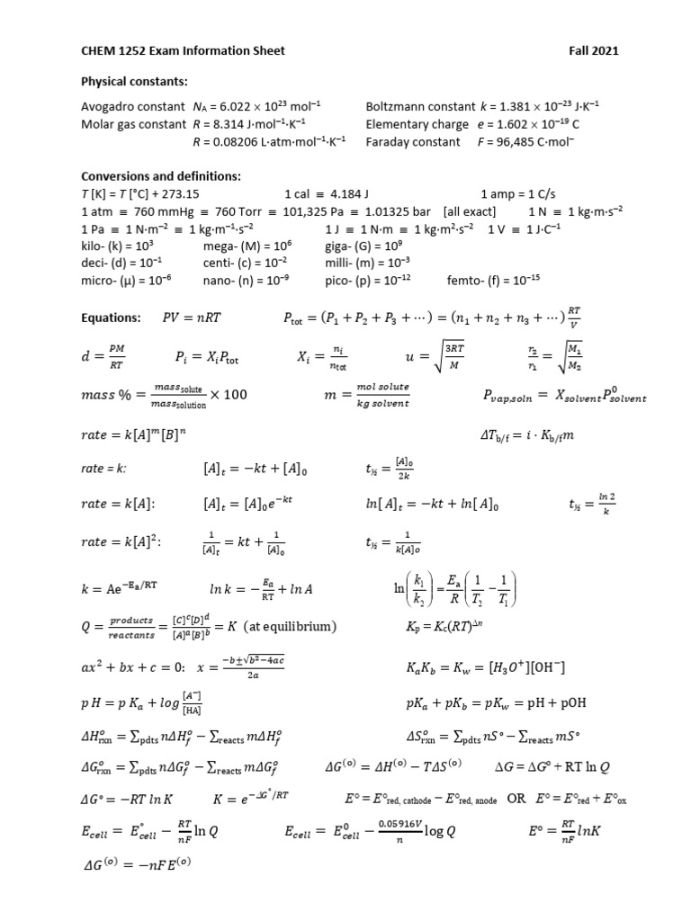 CHEM 1252 Exam Information Sheet Fall 2021 | Download Free PDF | Salt (Chemistry) | Ammonium