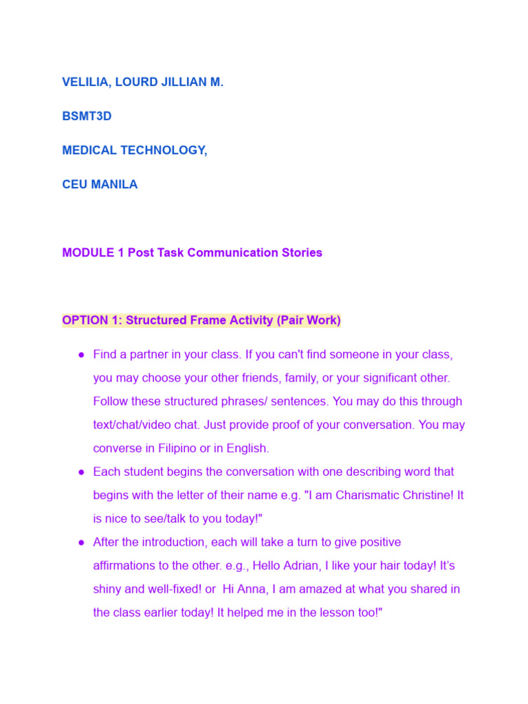 VELILIA - BSMT3D - M1 Post Task Communication Stories - LLR | PDF | Communication | Human ...