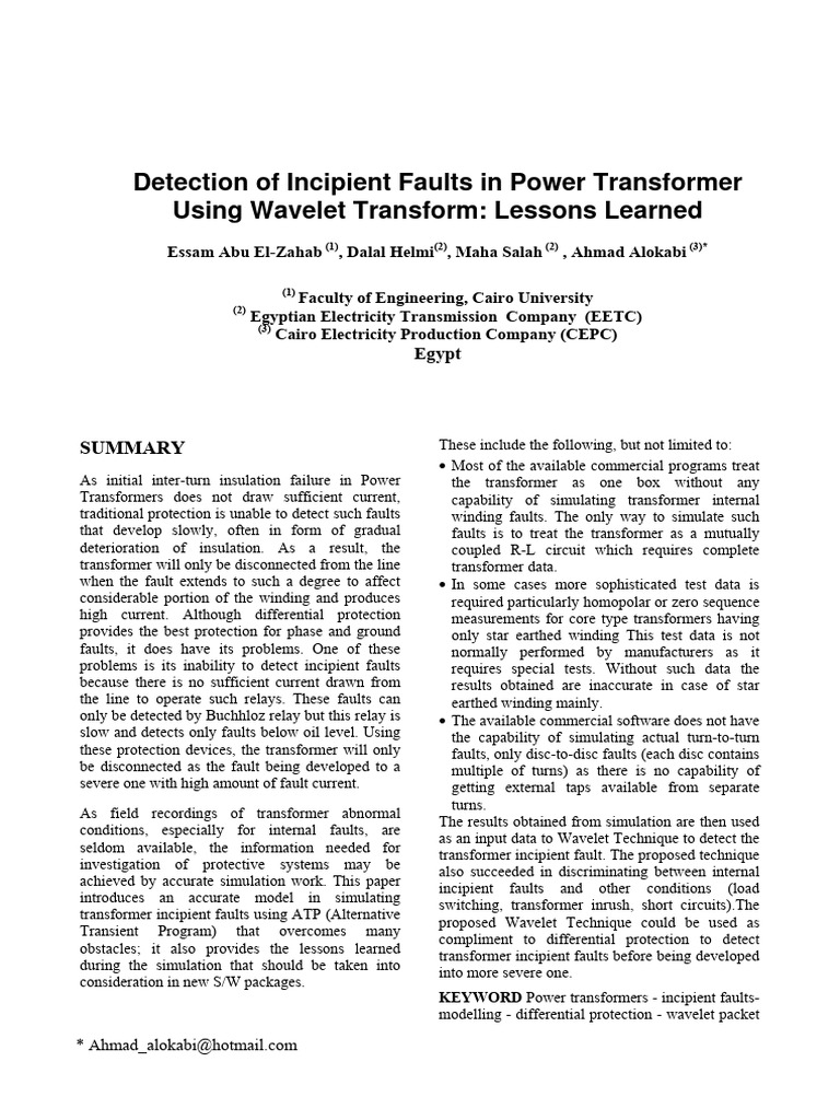 Detection of Incipient Faults in Power T | PDF | Wavelet | Transformer