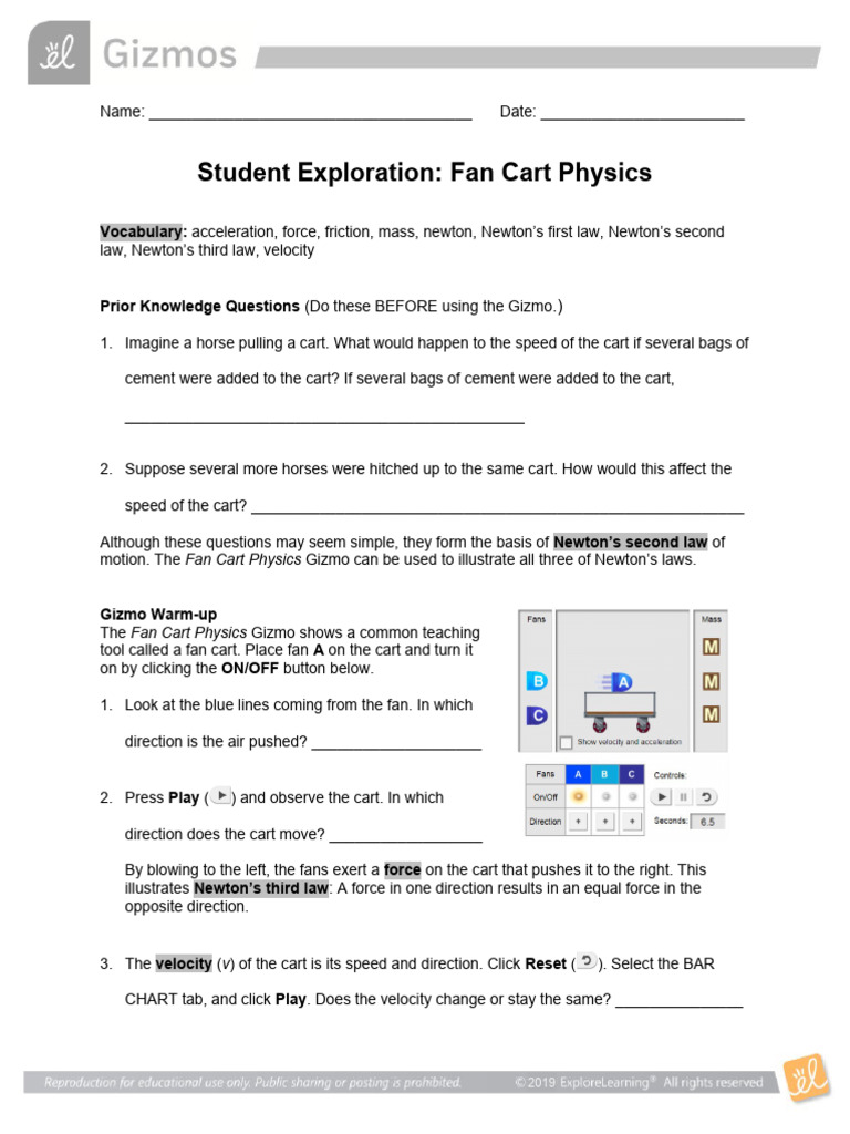FanCartPhysics Gizmo Student Exploration Sheet | PDF | Force | Newton's ...