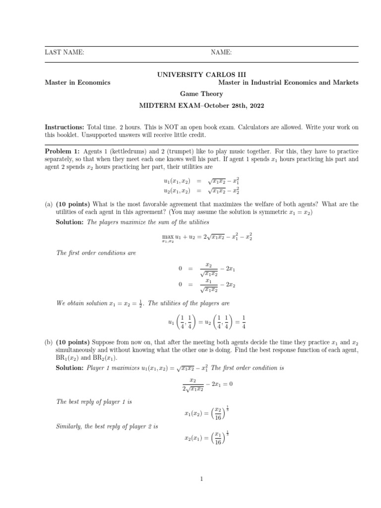 Midterm Exam November 2022 | PDF | Mathematical Economics | Economics Of Uncertainty