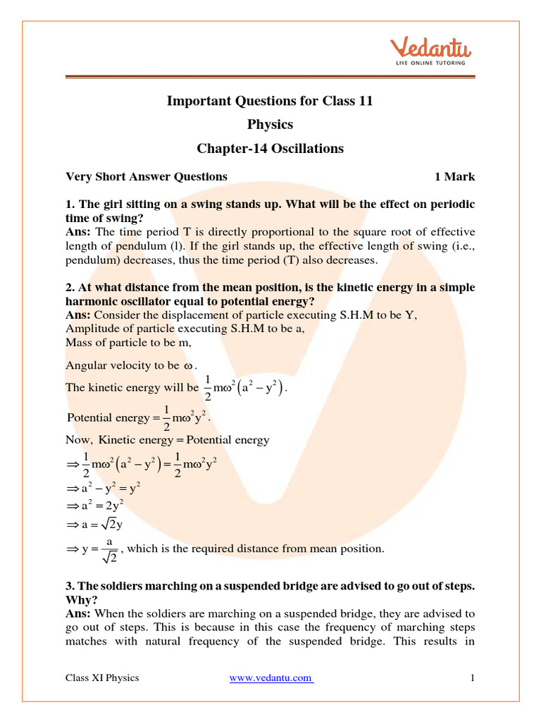 Important Class 11 Physics Questions: Oscillations | PDF | Pendulum ...