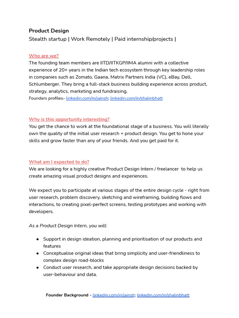 Internship - Product Design - Job Description | PDF | Design | Usability