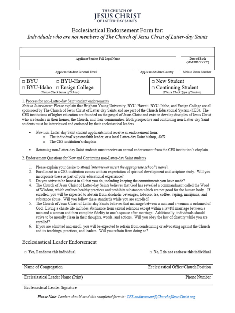 CES Ecclesiastical Endorsement - Non-Latter-day Saint | PDF | Chastity
