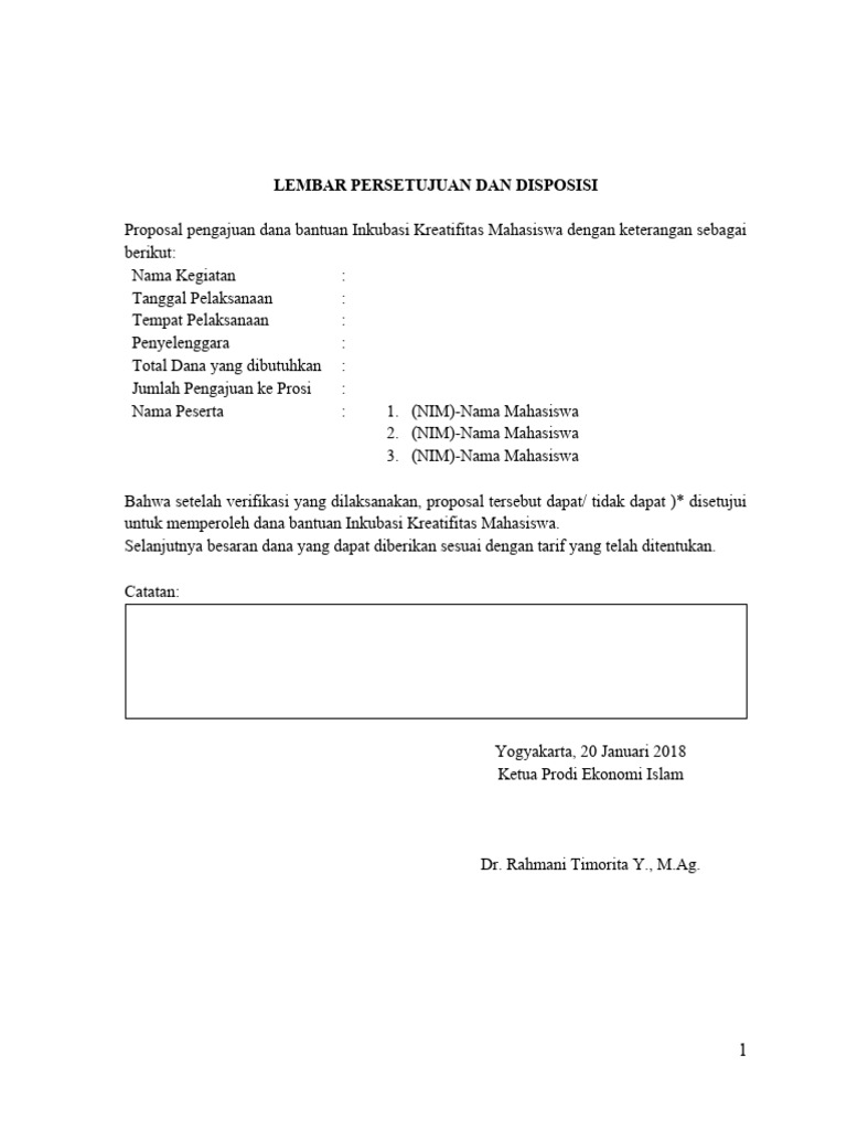 TEMPLATE-LEMBAR-PERSETUJUAN-DAN-DISPOSISI-PROPOSAL-PENGAJUAN-DANA-IKM | PDF