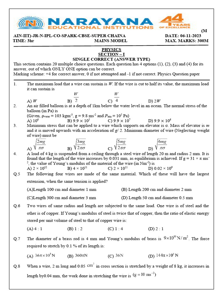 Revised (MAIN-IIT) - JR-N-IPL-CBSE-SUPER CHAINA QP - DT-06-11-2023 | PDF | Young's Modulus ...