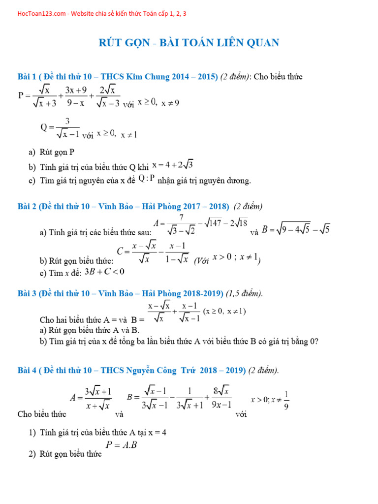 70 Bai Tap Rut Gon Bai Toan Lien Quan Thi Thu Vao Lop 10 Mon Toan | PDF