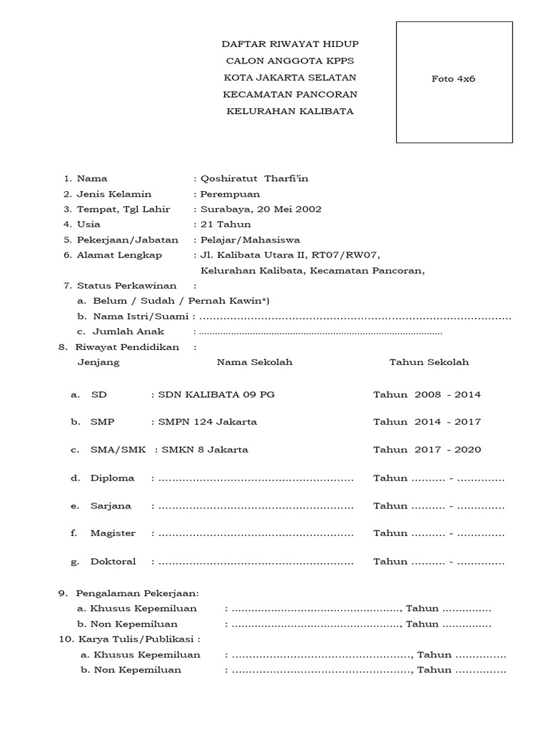 Daftar Riwayat Hidup KPPS | PDF