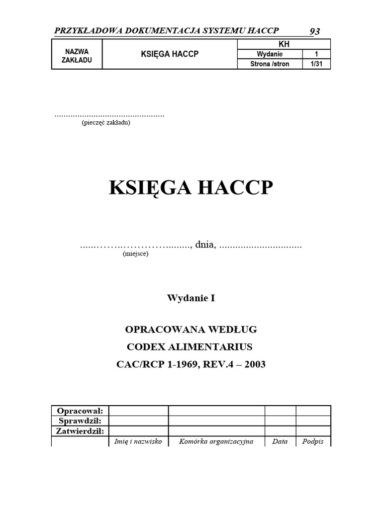 Księga Haccp Przykładowa Dokumentacja Systemu | PDF