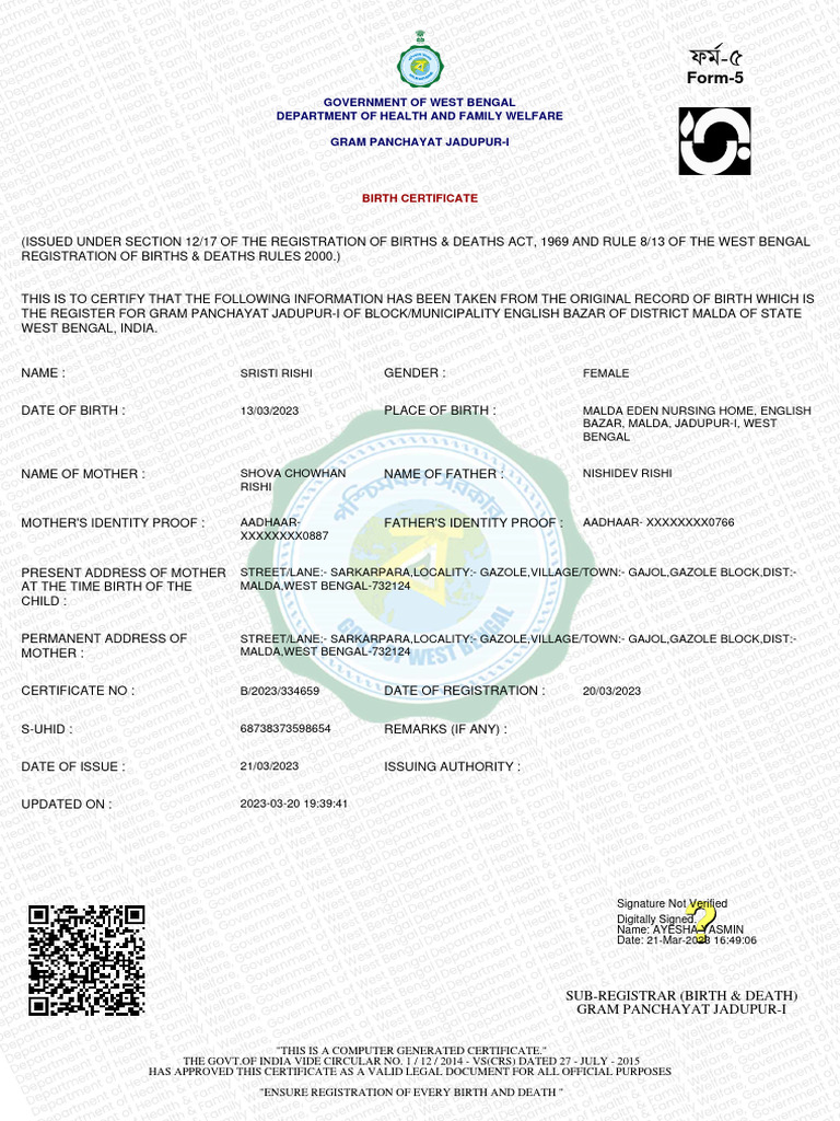 Birth Certificate from Malda Eden Nursing Home | PDF | Authentication ...