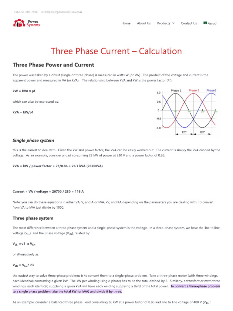 3 Phase Power & Current Calculation | PDF