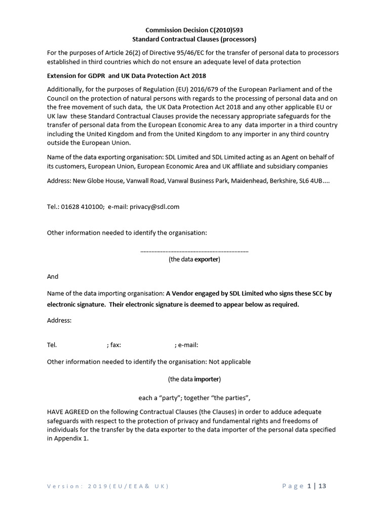 Standard Contractual Clauses for Data Transfer | PDF | Information ...