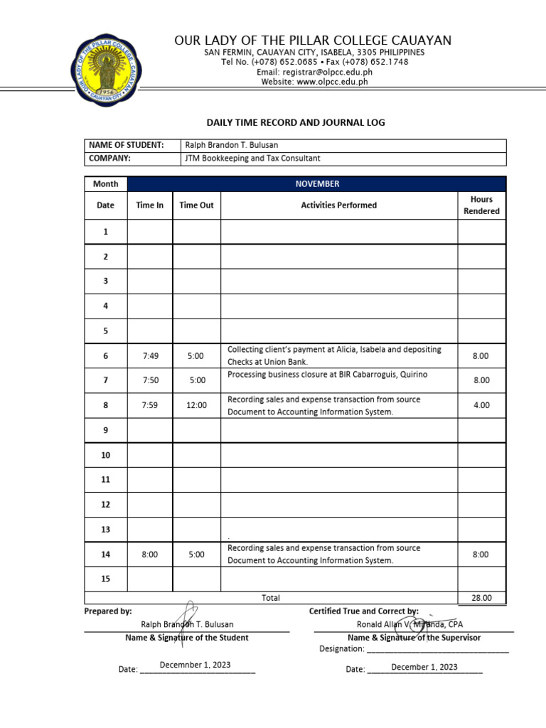 DTR and Journal Log FTM of November - Bulusan, Ralph Brandon T. | PDF | Bookkeeping | Accounting