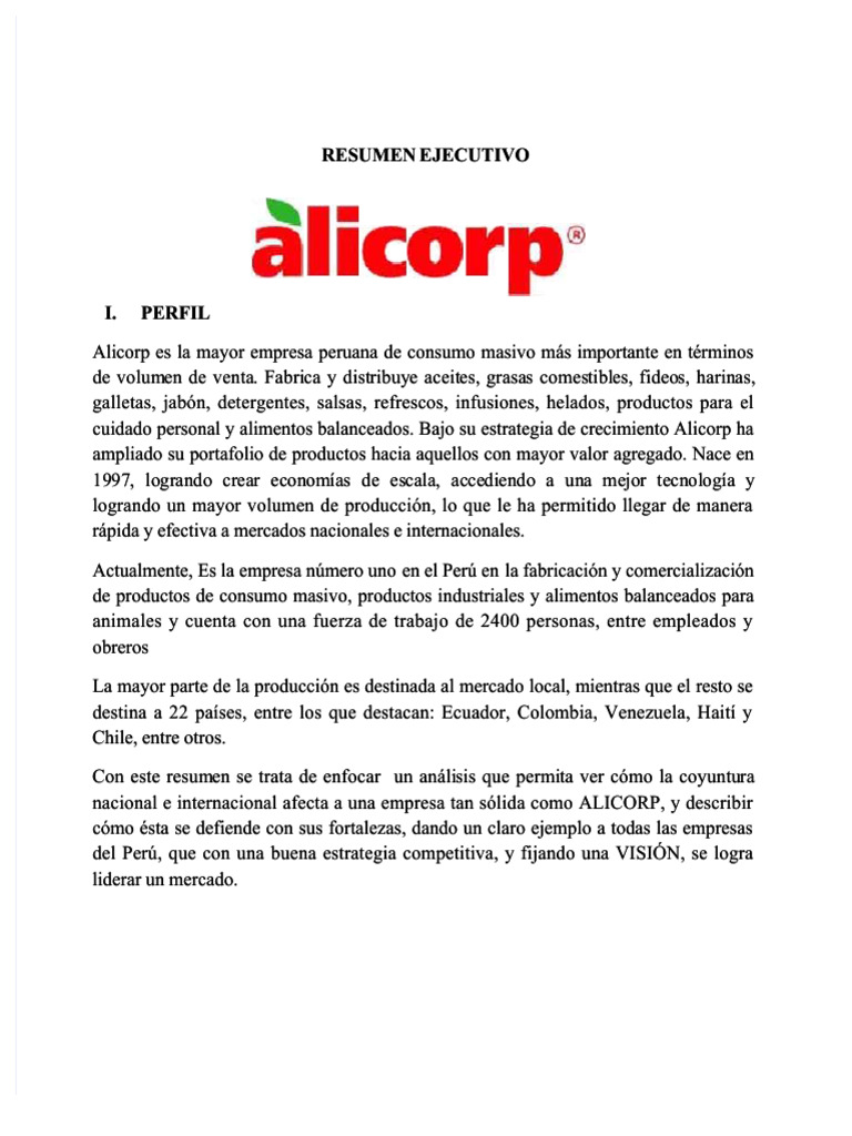 PDF Resumen Ejecutivo Alicorp - Compress | Descargar gratis PDF | Business | Economias