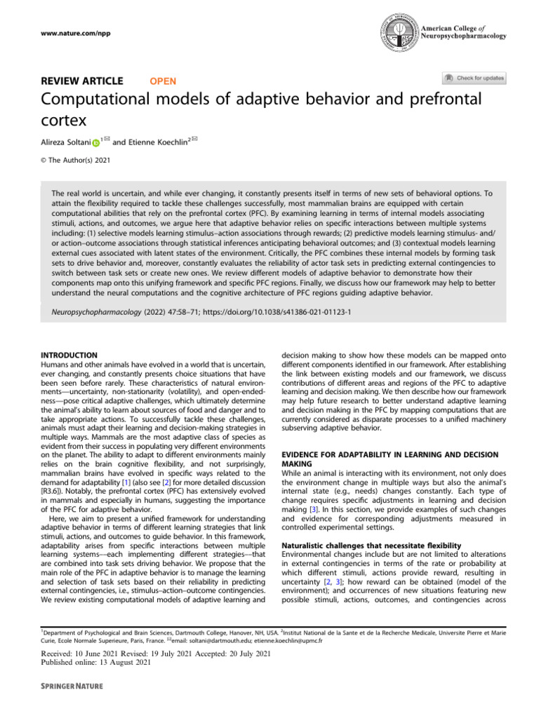 Computational Models of Adaptive Behavior and Prefrontal Cortex | PDF ...