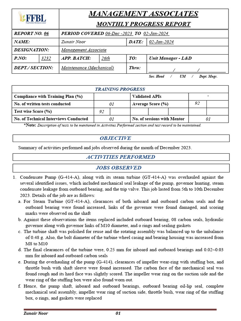 Monthly Progress Report - December | PDF | Pump | Belt (Mechanical)
