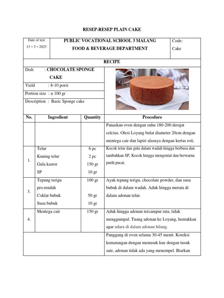 Resep Plain Cake | PDF