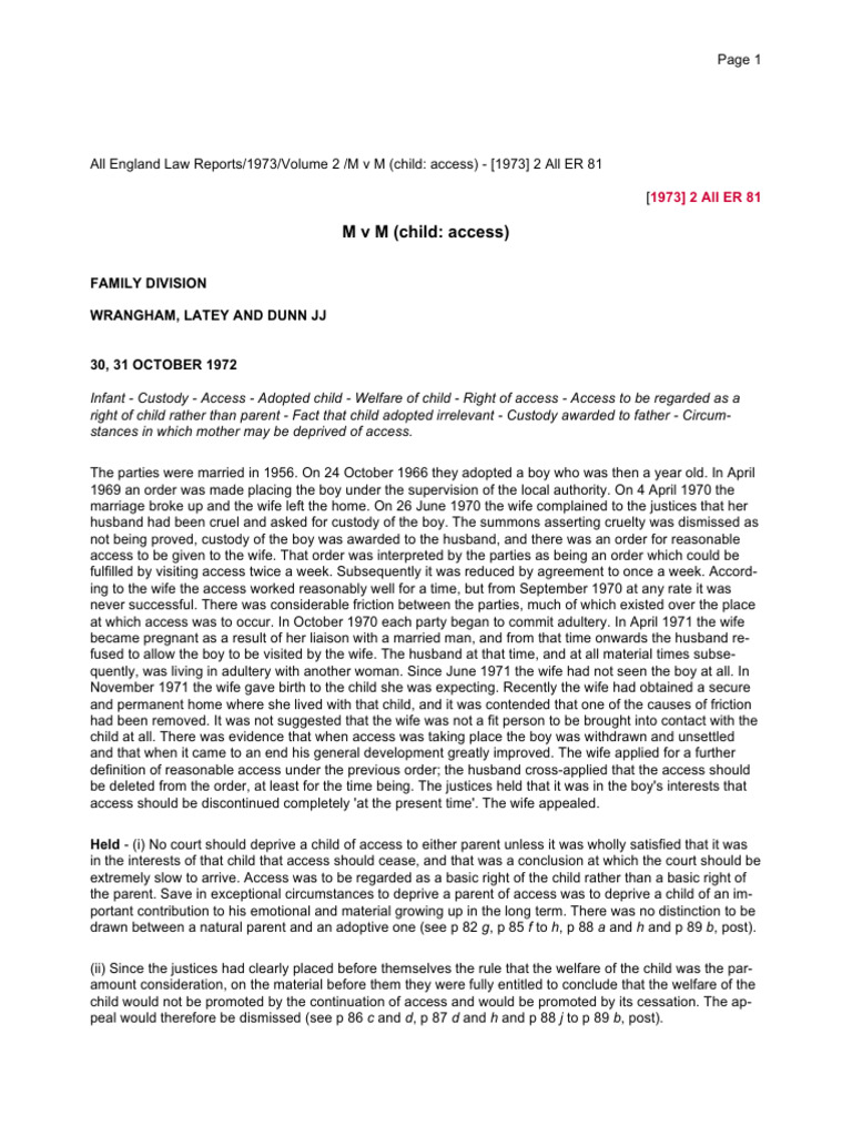 M V M (Child Access) - (1973) 2 All ER 81 | PDF | Child Custody ...