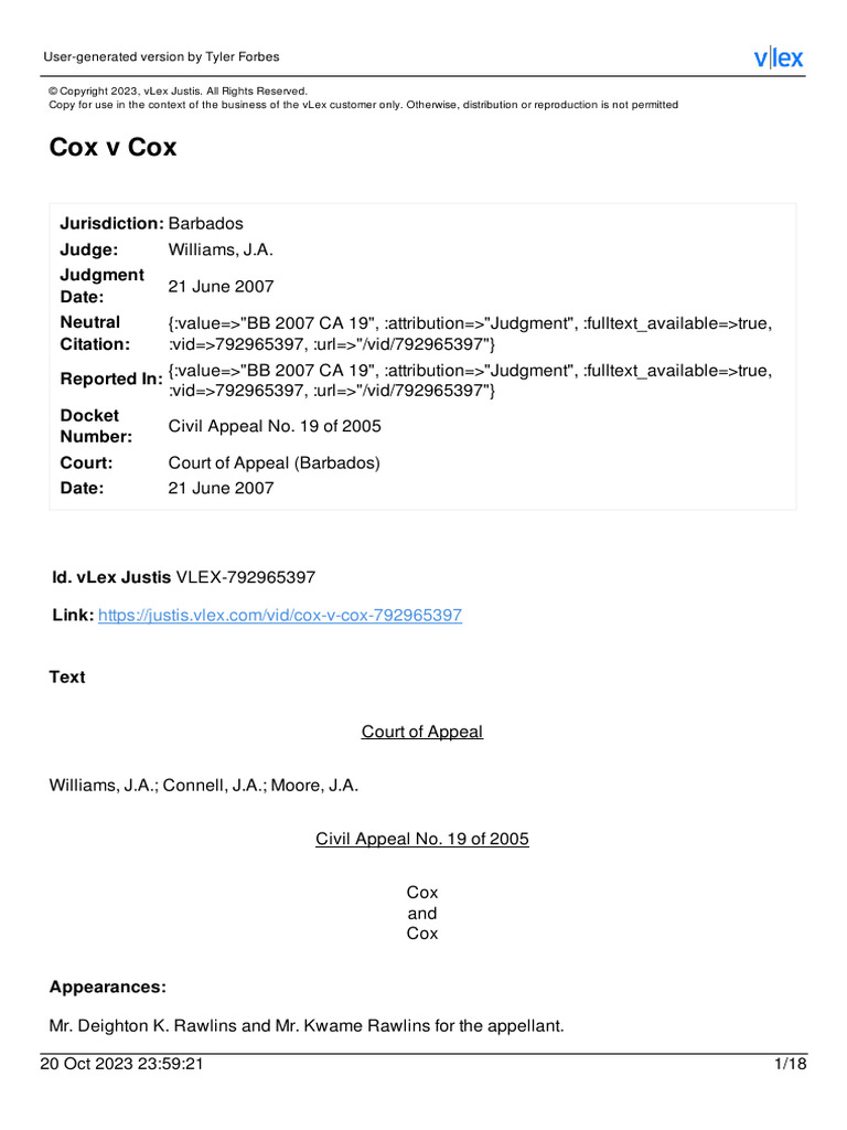 Cox V Cox Cox V Cox | PDF | Housewife | Valuation (Finance)
