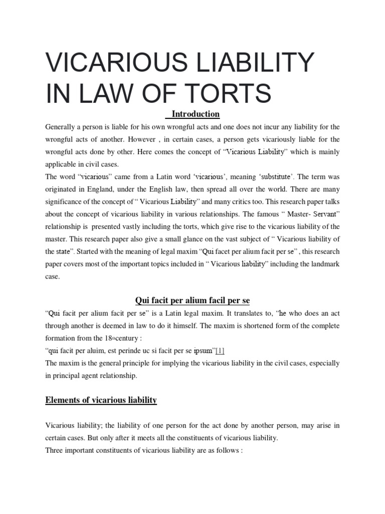 VICARIOUS LIABILITY IN LAW OF TORTS My Project | PDF | Legal Liability ...