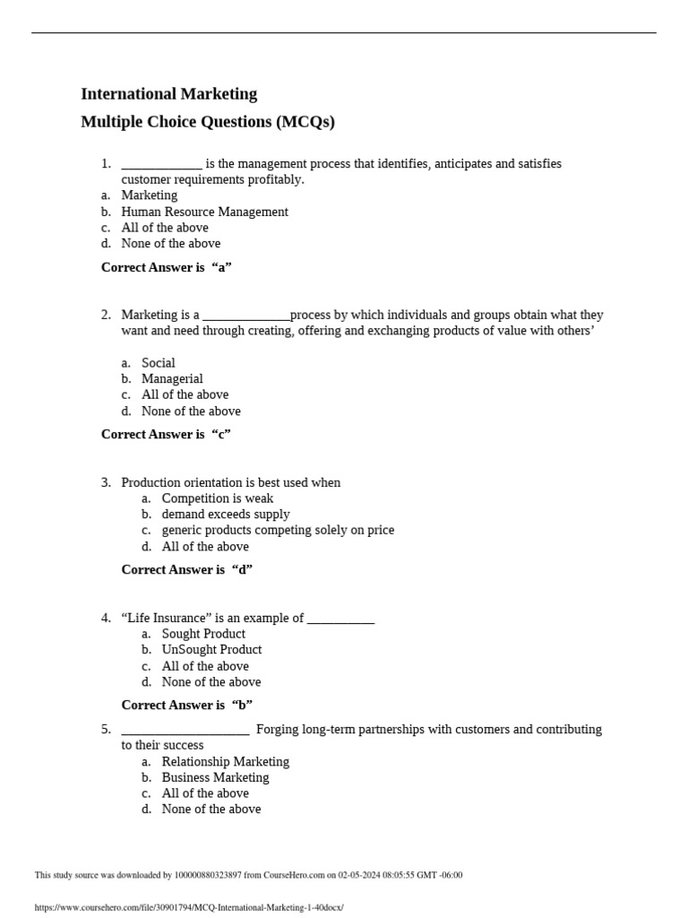 MCQ International Marketing 1 40 | Download Free PDF | Marketing | Customer Relationship Management