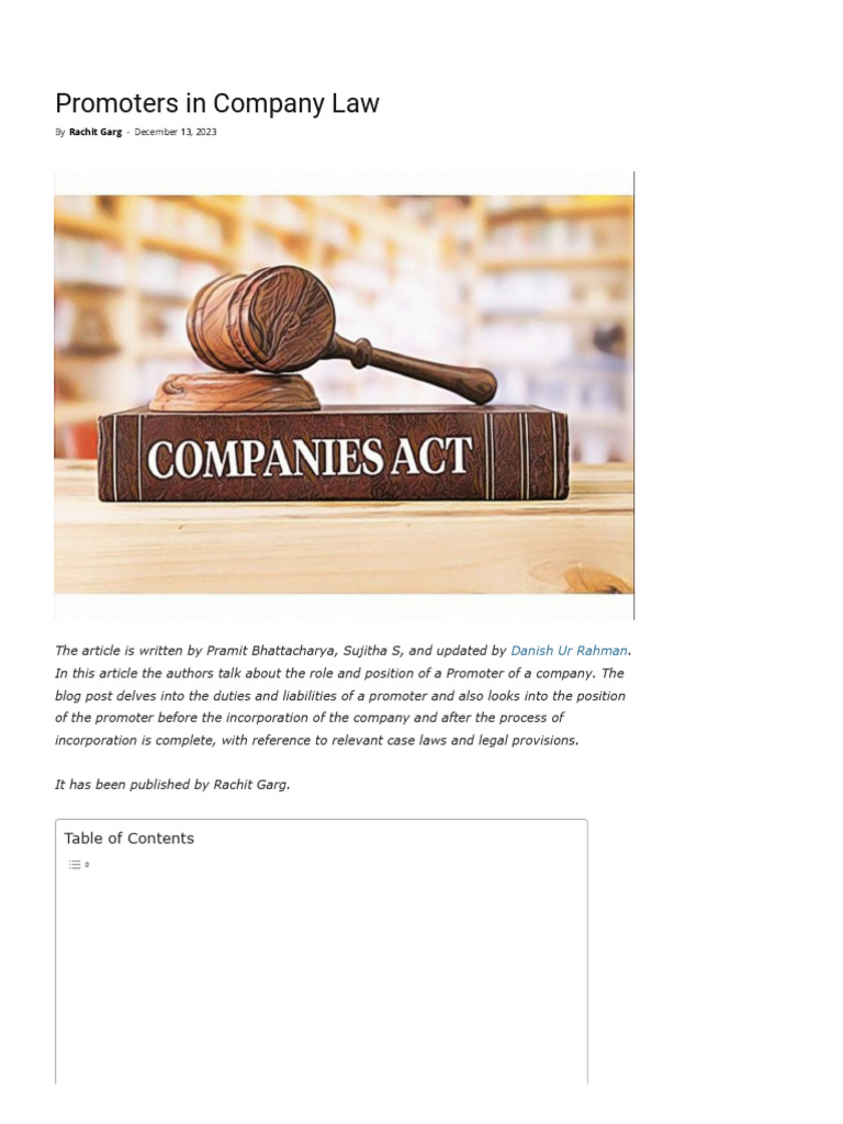 Promoters in Company Law - Ipleaders | PDF | Stocks | Fiduciary