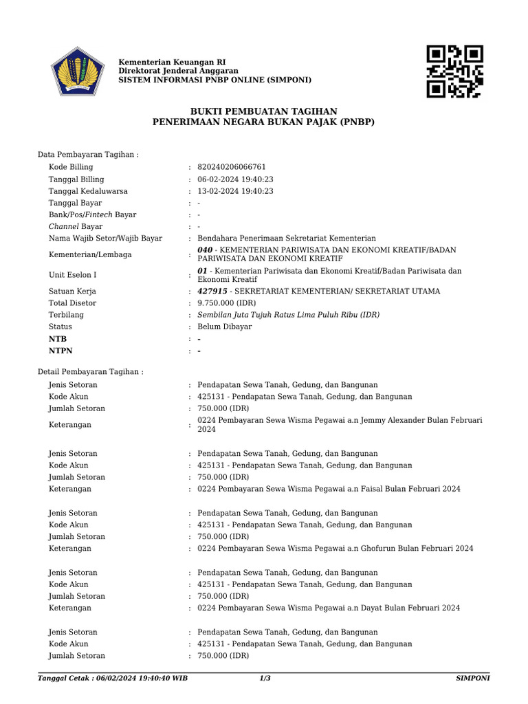 0224 Pembayaran Wisma Pegawai Tahap I Bulan Februari | PDF