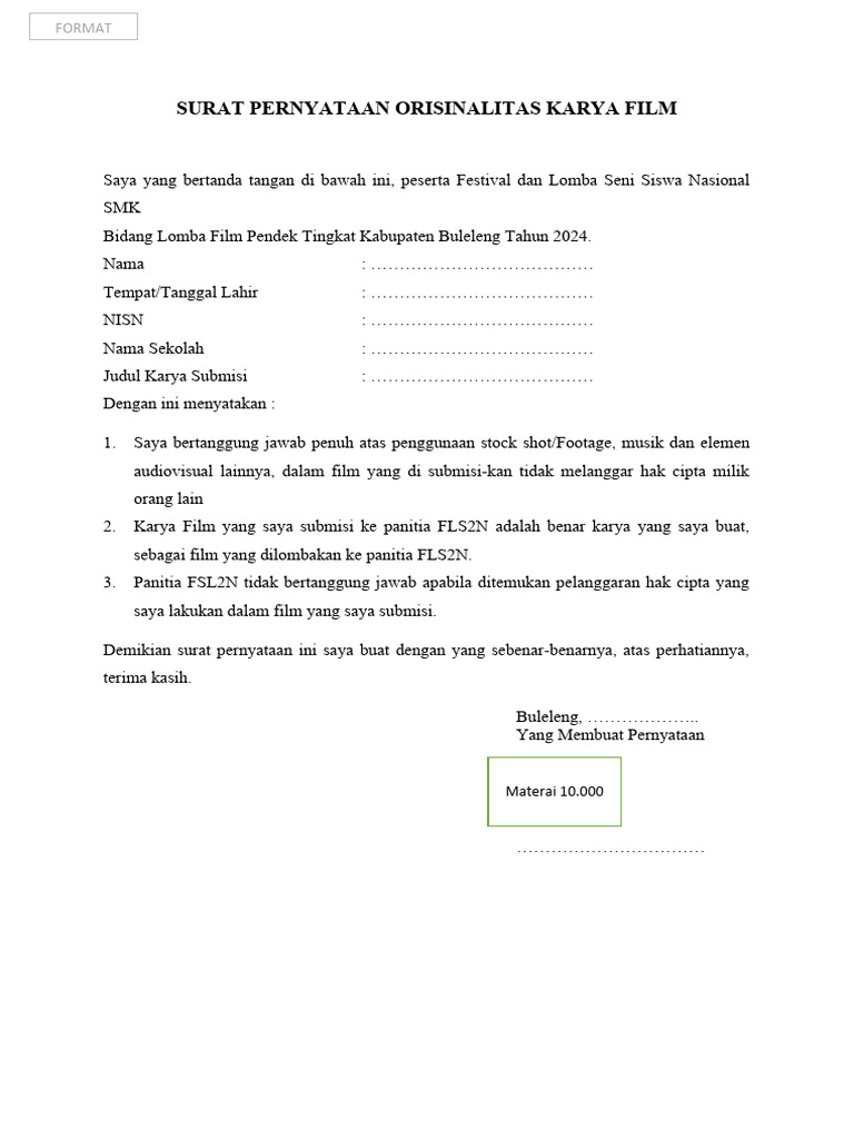 FORMAT SURAT PERNYATAAN ORISINALITAS KARYA | PDF