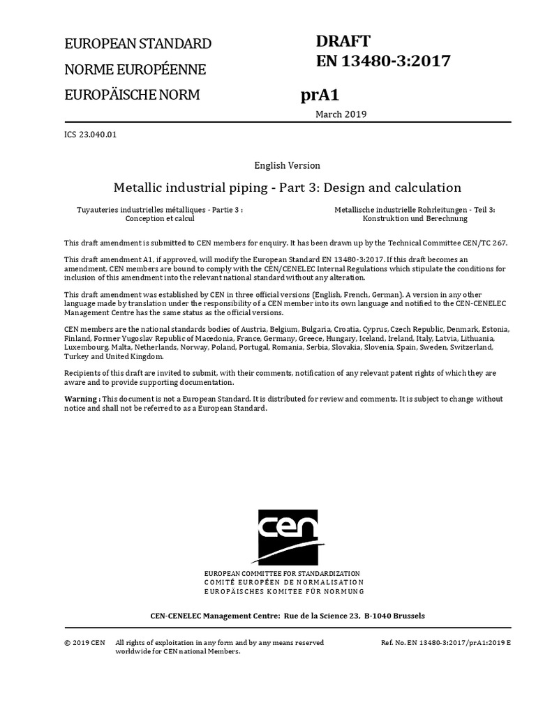 European Standard Norme Européenne Europäische Norm: Draft en 13480-3: ...