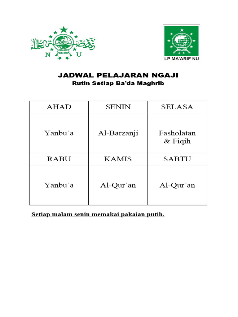 Jadwal Pelajaran Ngaji | PDF