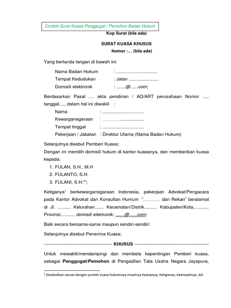 Form Surat Kuasa Khusus Penggugat Badan Hukum | PDF
