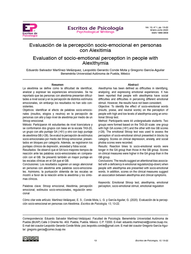 Evaluación de La Percepción Socio-Emocional en Personas Con Alexitimia ...