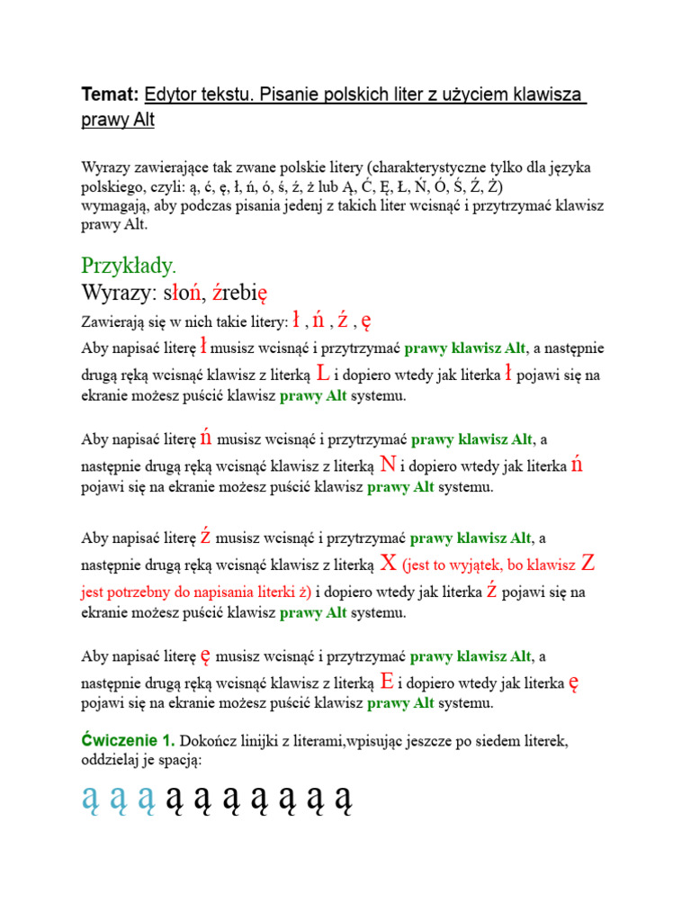 Klasa I. LEKCJA NR 4. Edytor Tekstu - Pisanie Polskich Liter Z Użyciem Klawisza Prawy Alt | PDF
