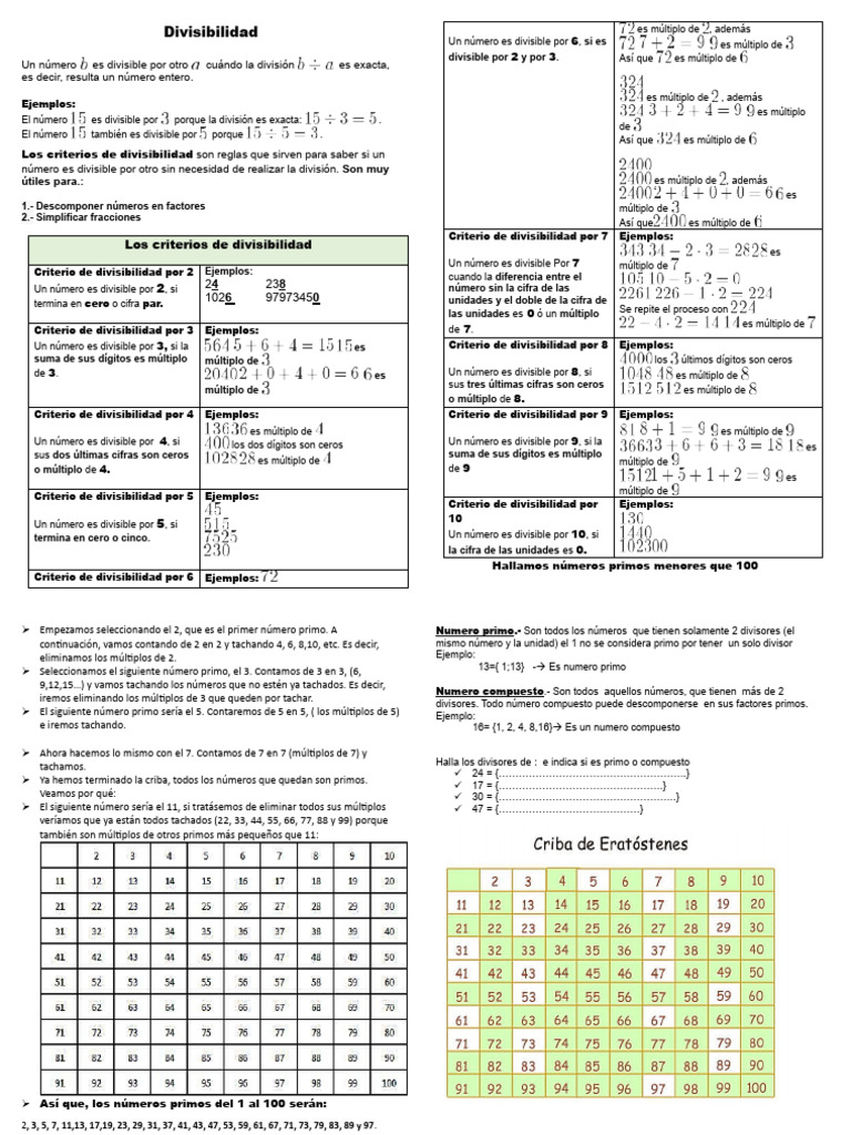 Ficha - MAT-critereios de Divisibilidad | PDF | Matemática Elemental | Matemáticas