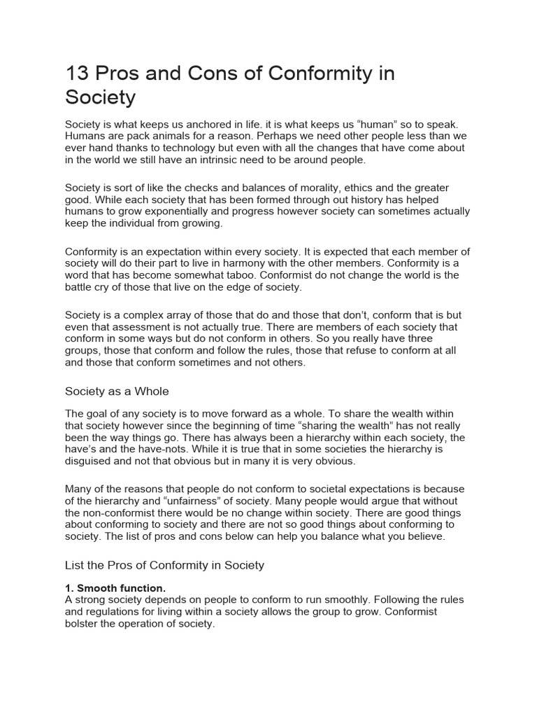 13 Pros and Cons of Conformity in Society | PDF | Conformity | Group ...