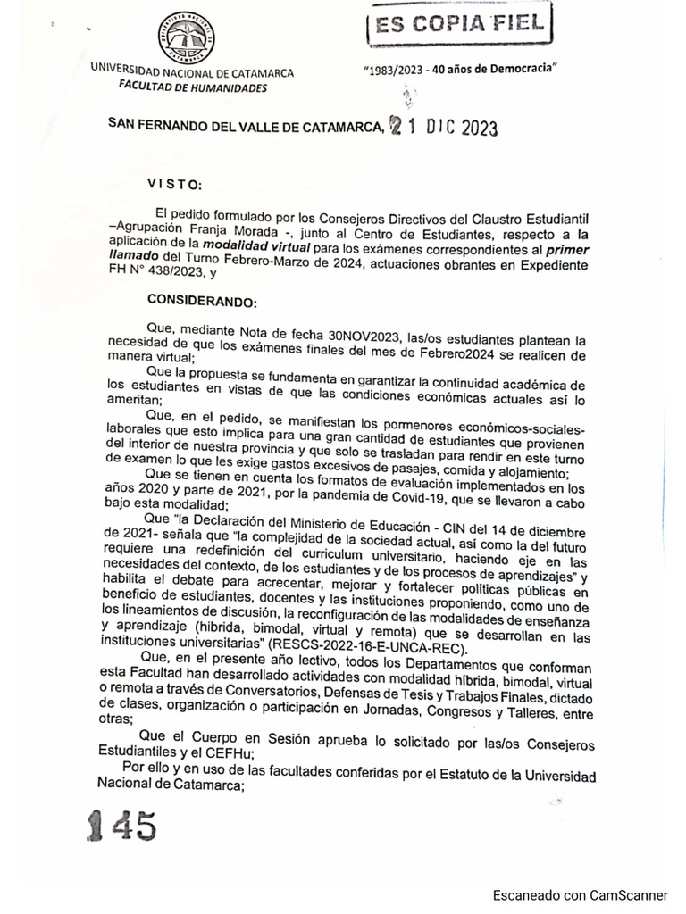 Res. CDFH N 145-2023 Exámenes Virtuales Llamado Febrero | PDF