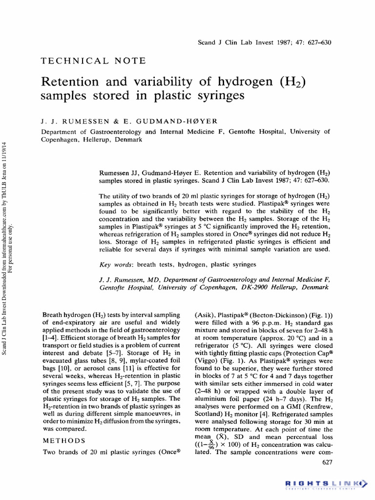 Rumessen1987-Retention and Variability of Hydrogen (H2) Samples Stored ...