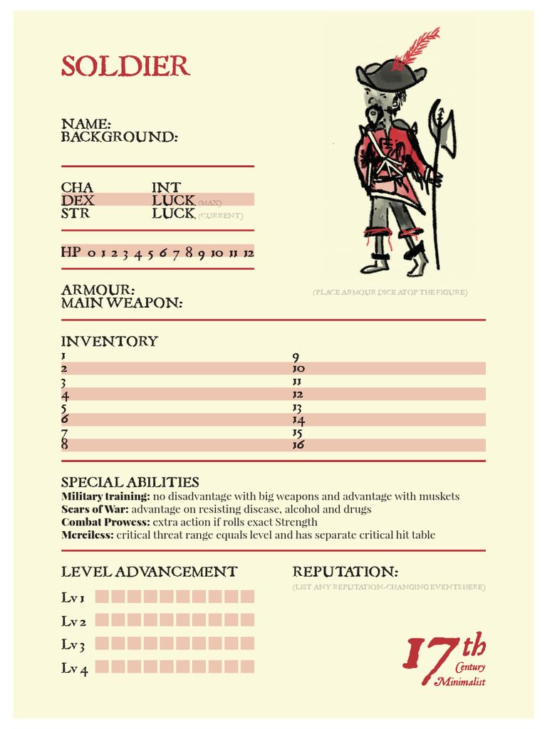 17th-Century-Minimalist-RPG-Soldier Char Sheet | PDF