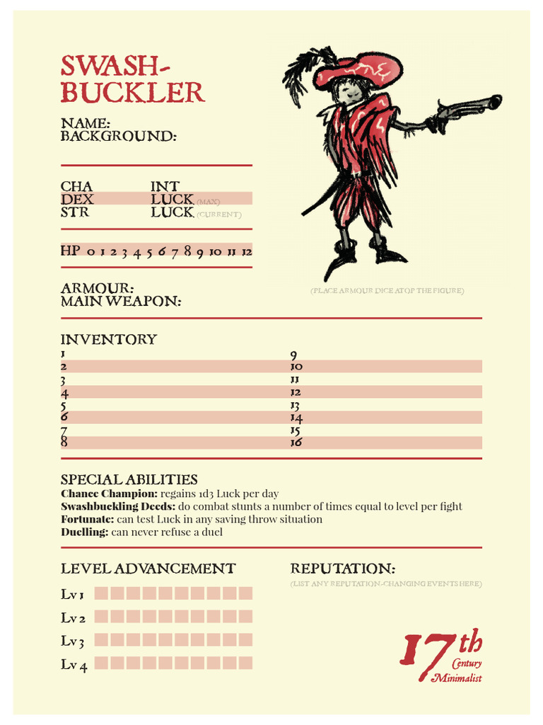17th-Century-Minimalist-RPG-Swashbuckler Char Sheet | PDF