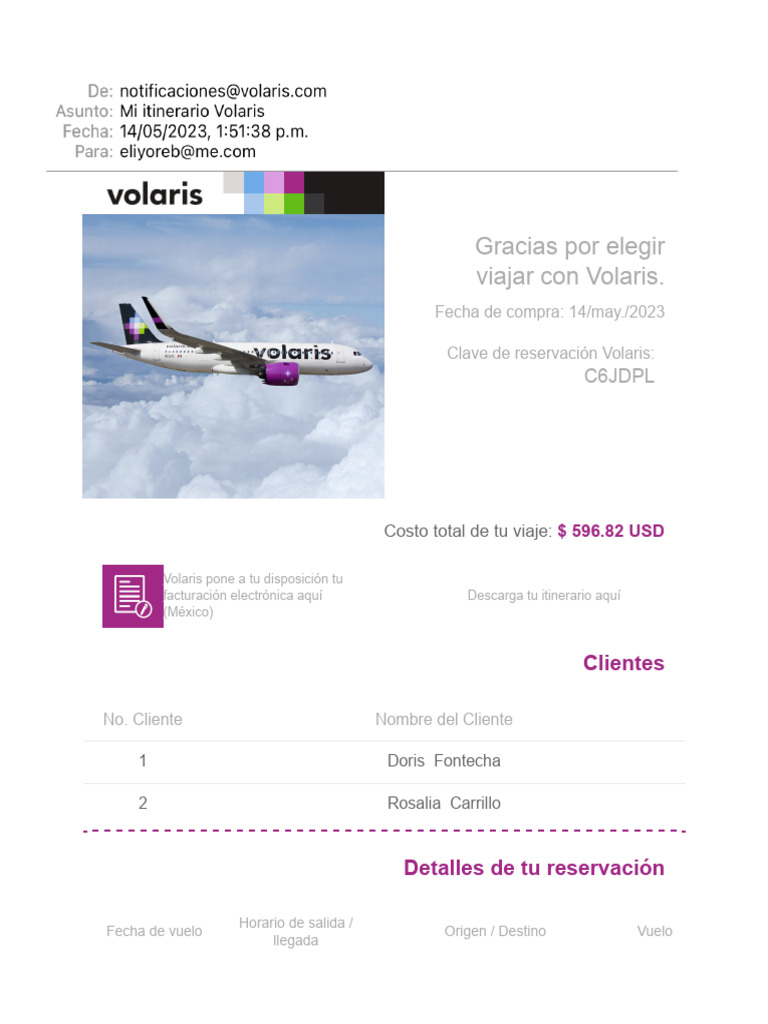 Itinerario y Reservación Volaris | PDF