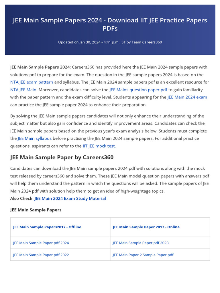 JEE Main 2024 Sample Papers PDF Download | PDF | Online And Offline ...