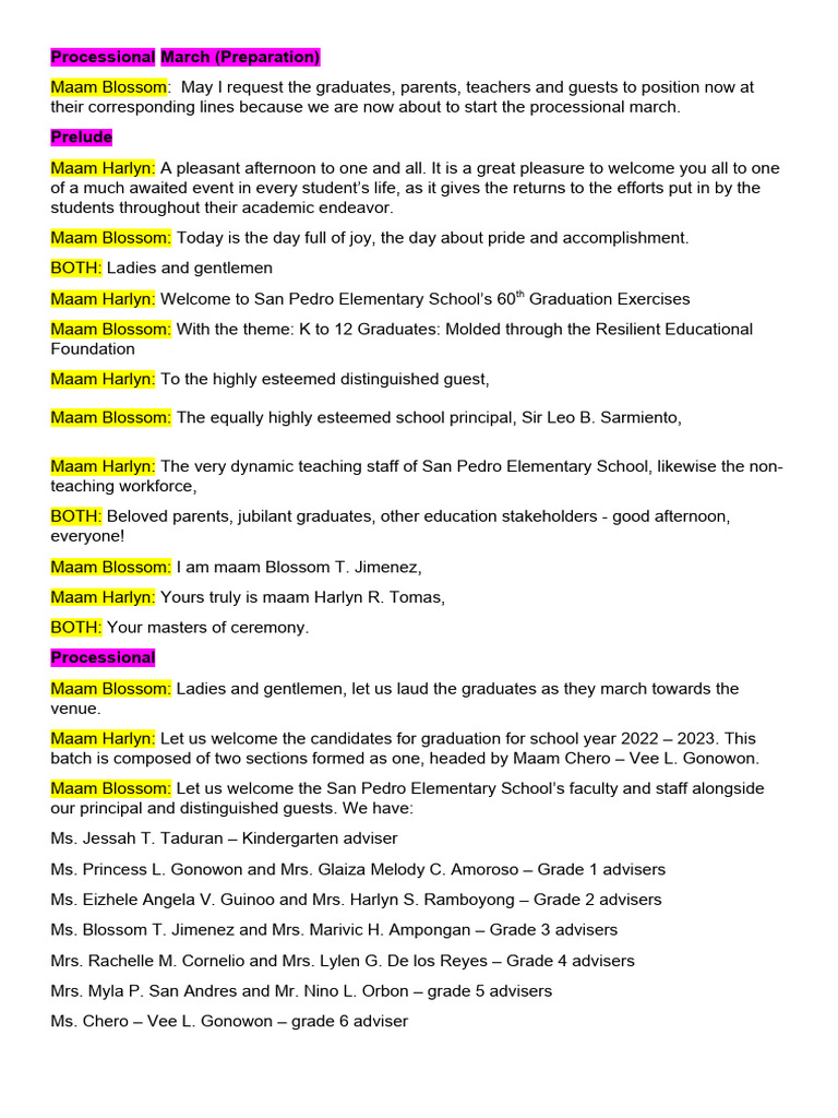 SCRIPT For The 60th Graduation of SPES | PDF | Language Arts ...
