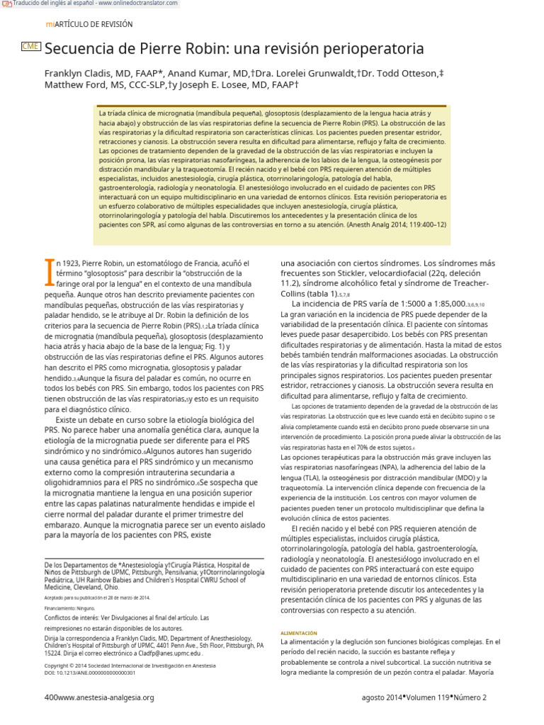 Pierre Robin Sequence A Perioperative Review - En.es | PDF | Apnea ...