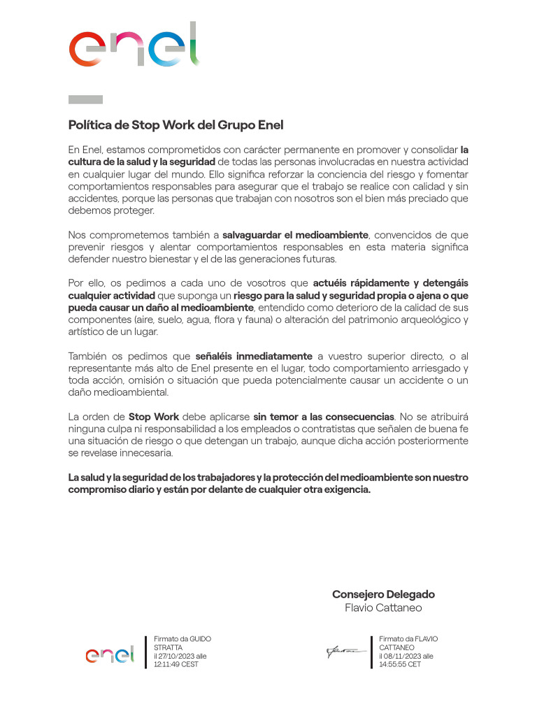 Política Del Grupo Enel Stop Work | PDF
