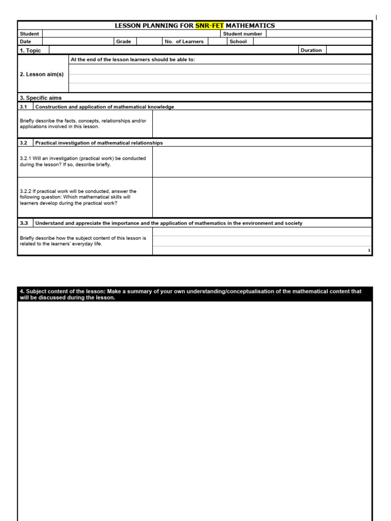 Lesson Planning Template SNR-FET Mathematics February 2023-1-2 | PDF ...