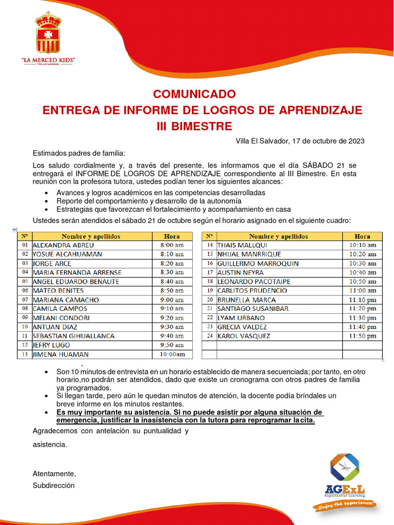 COMUNICADO - INFORMES DE PROGRESO III BIMESTRE - AULASss | PDF