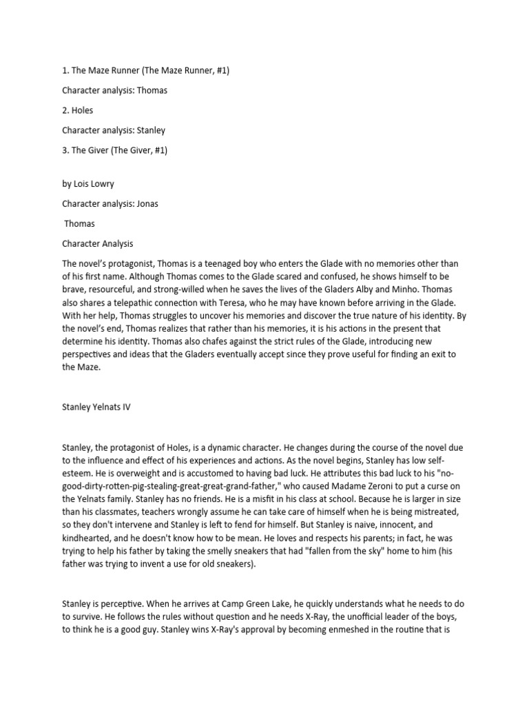 Character Analysis | PDF | The Giver