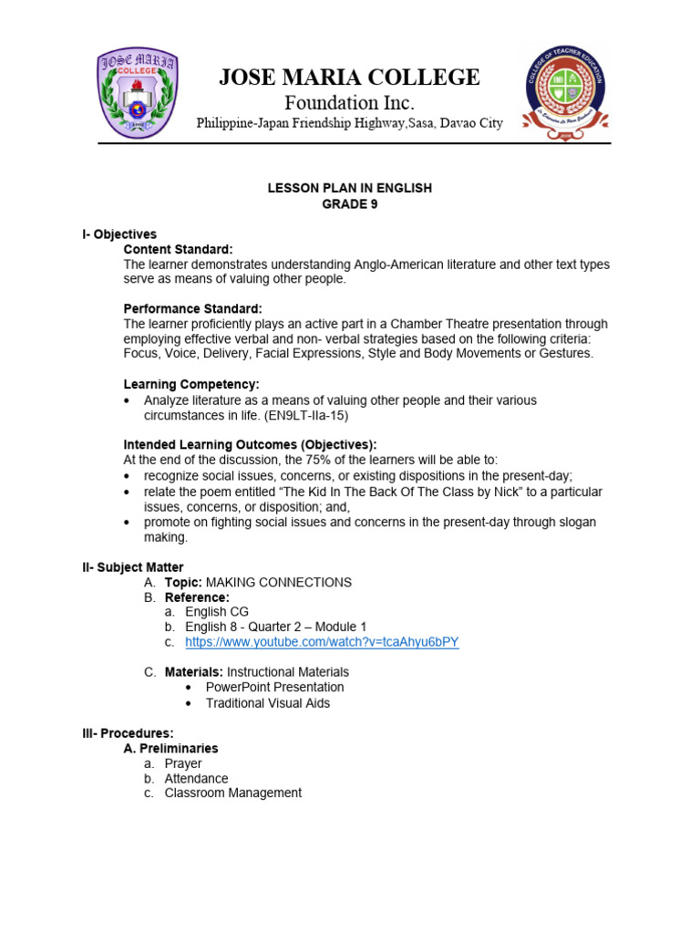 Grade 9 Lesson Plan: Making Connections | PDF | Learning | Lesson Plan