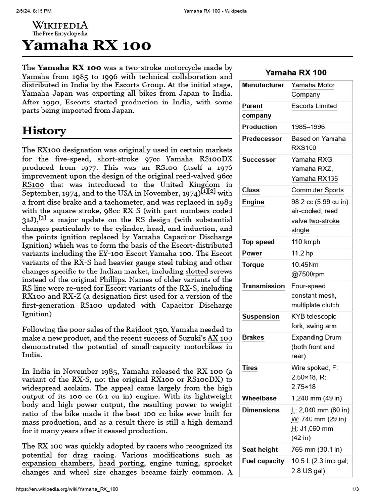 Yamaha RX 100 - Wikipedia | PDF
