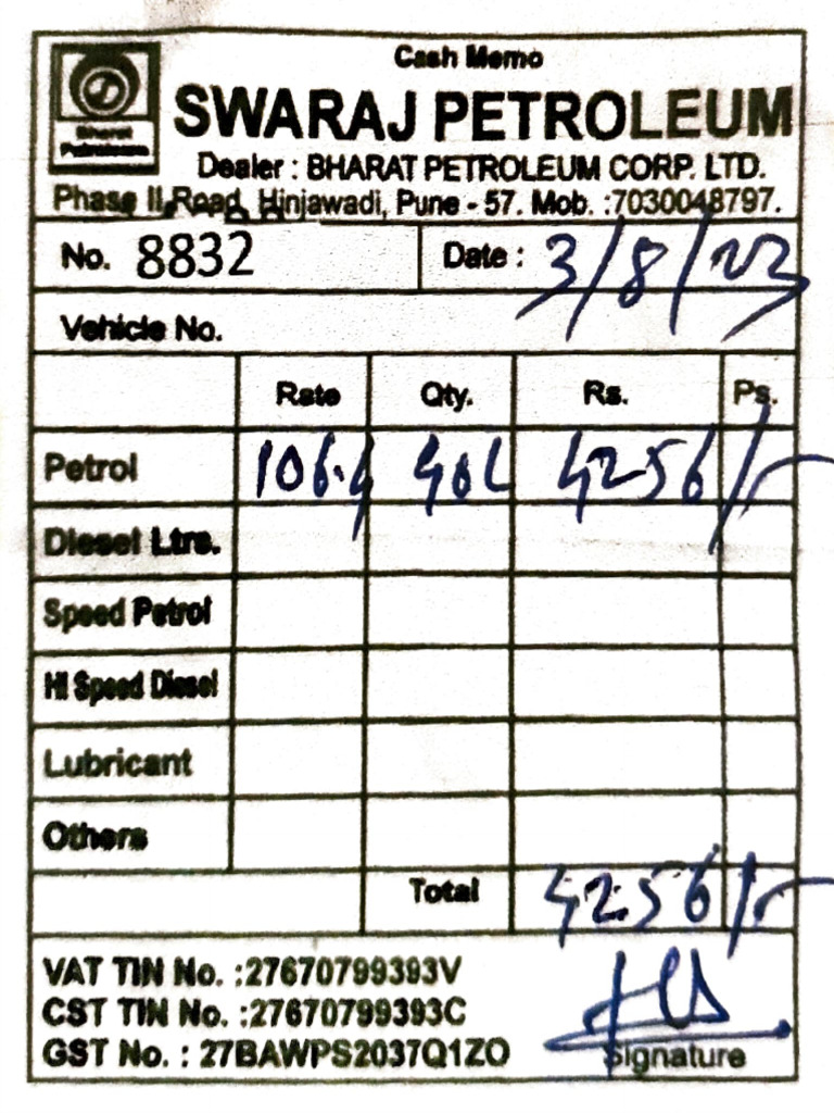 Petrol Purchase Receipt from Bharat Petroleum | PDF